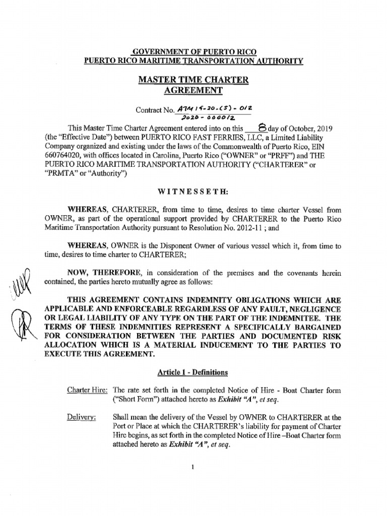 Puerto Rico ATM Maritime - Mastertime Charter Agreement | PDF