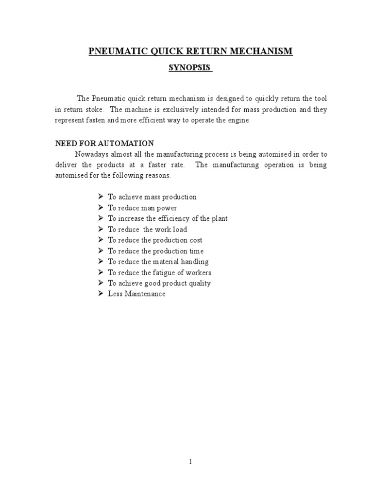 Pneumatic Quick Return Mechanism | PDF