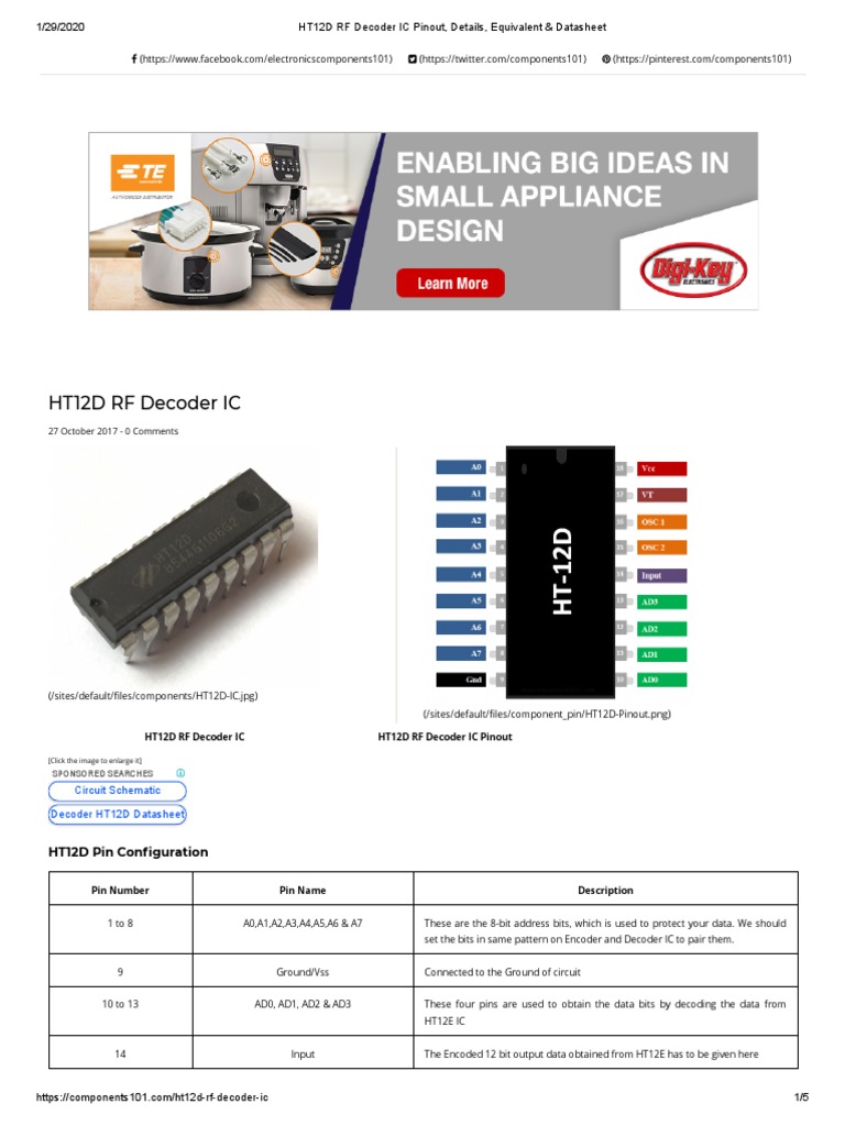 HT12D RF Decoder IC Pinout, Details, Equivalent & Datasheet | PDF