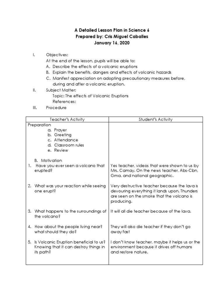 Grade 6 Volcanic Eruption Lesson Plan | PDF | Volcano | Types Of ...