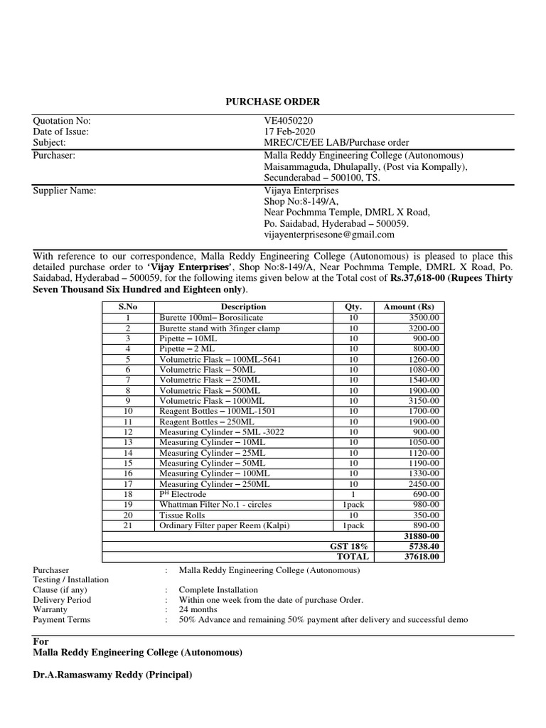 Purchase Order for Laboratory Equipment and Supplies for the MREC/CE/EE ...