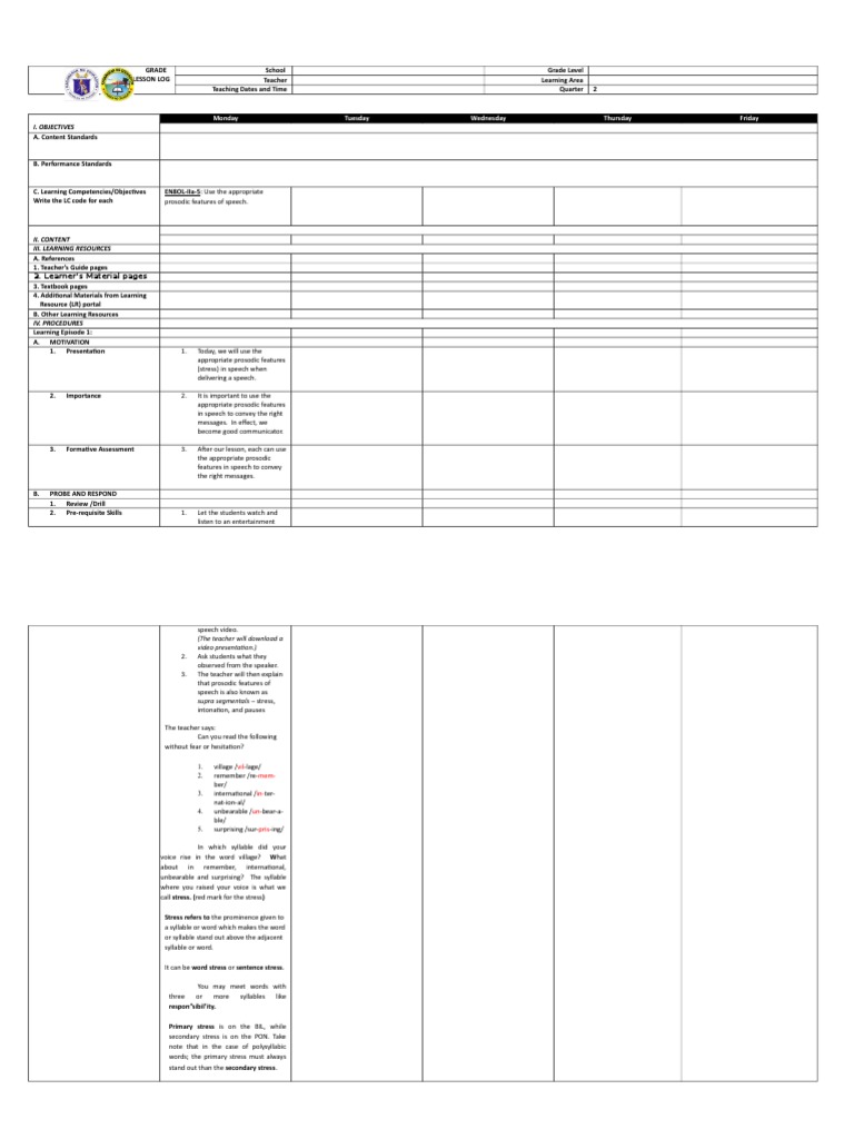 Prosodic Features Lesson Plan | PDF | Career & Growth | Language Arts ...