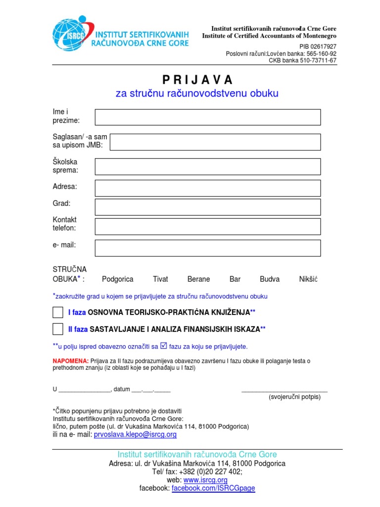 Prijava Za Strucnu Racunovodstvenu Obuku | PDF