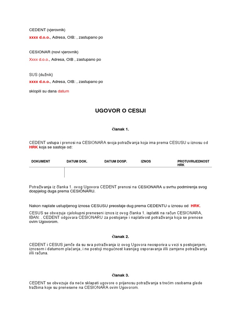 Ugovor o Cesiji Primjer | PDF