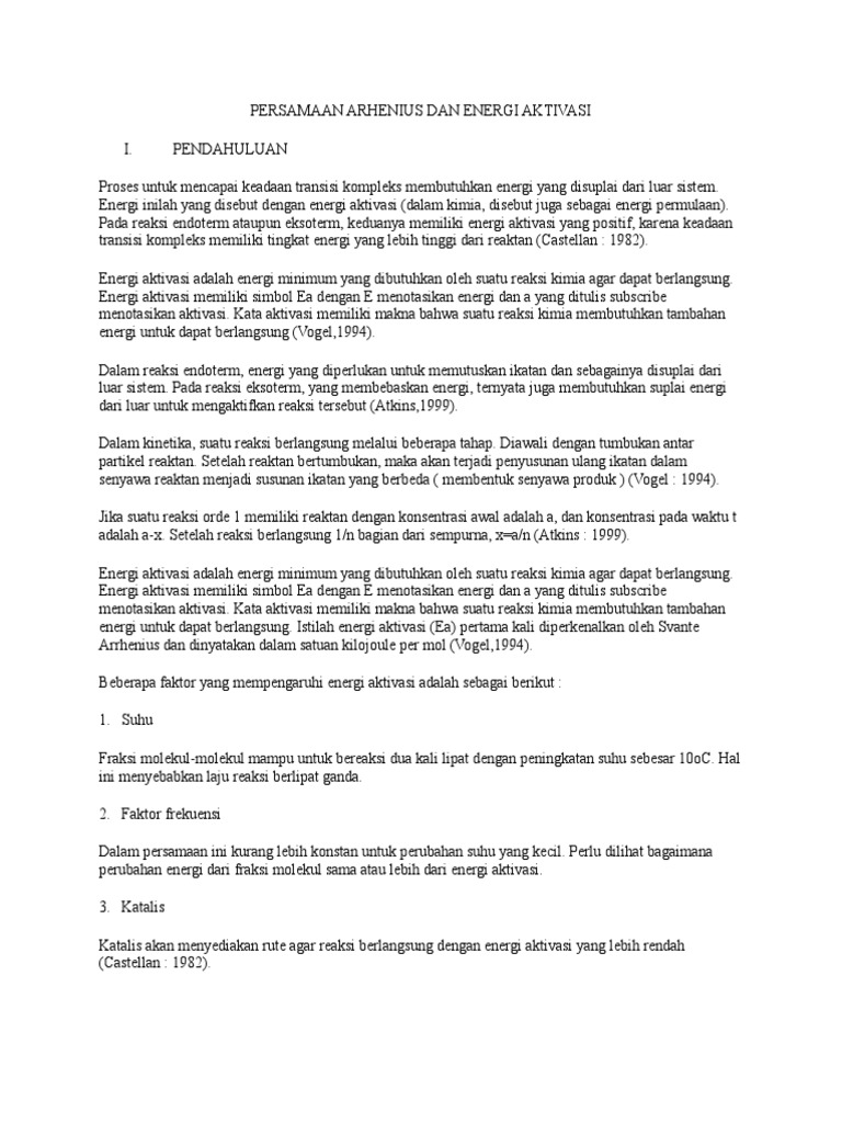 PERSAMAAN ARHENIUS DAN ENERGI AKTIVASI, Kimia Fisika 2 | PDF