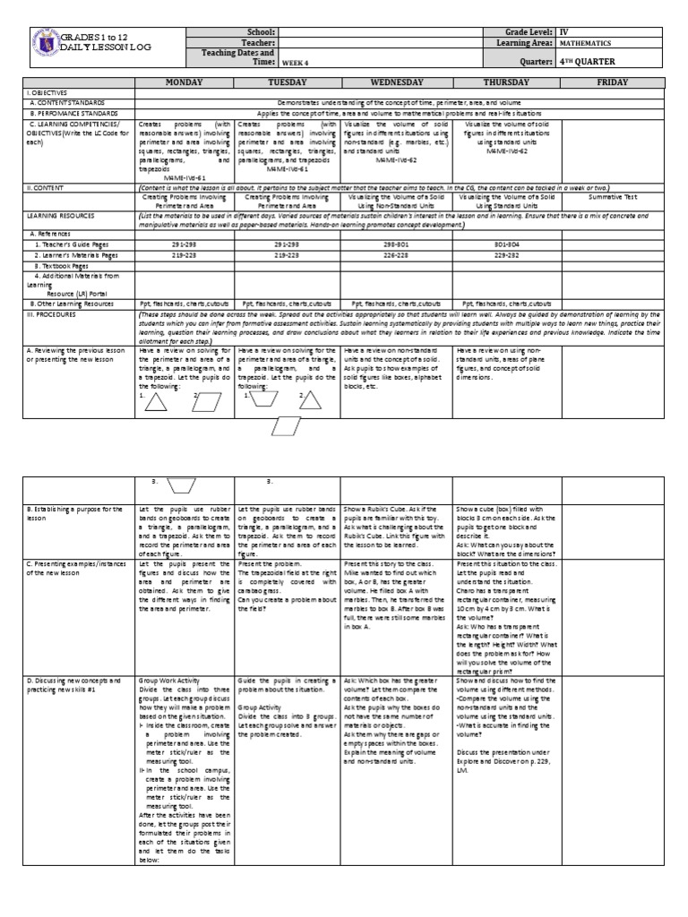 Grade 4 DLL MATH 4 Q4 Week 4 | PDF | Area | Rectangle