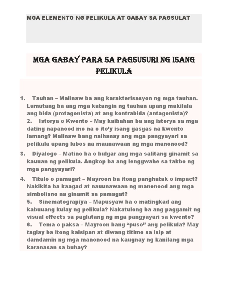 Mga Gabay para Sa Pagsusuri NG Isang Pelikula | PDF