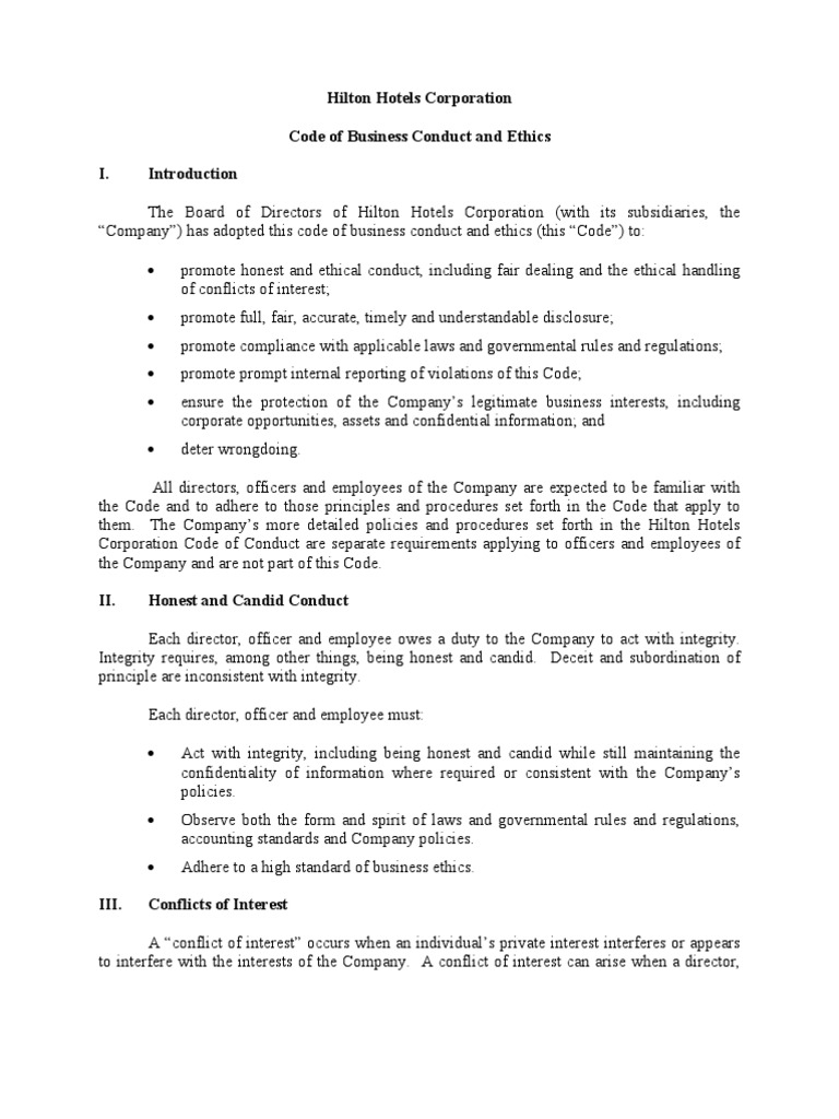 Hilton Hotels Corporation Code of Business Conduct and Ethics I ...