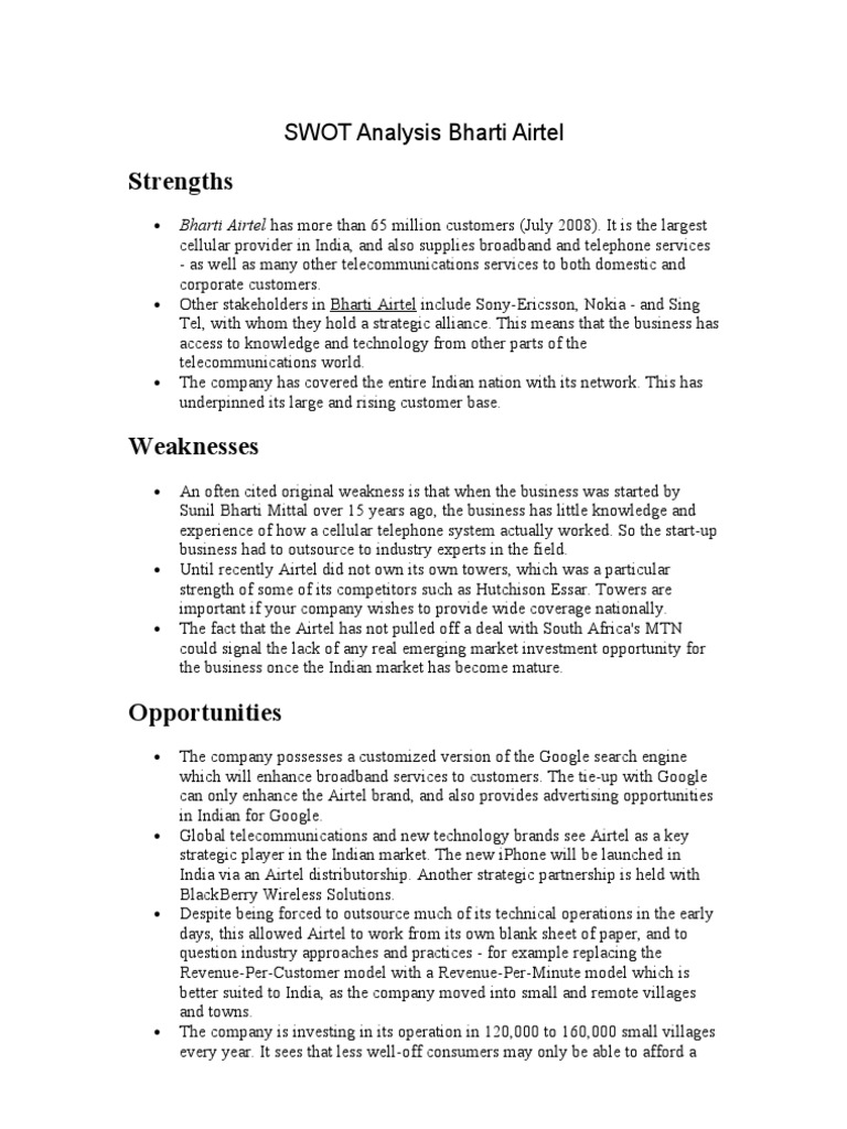 SWOT Analysis of Bharti Airtel | PDF | Telecommunications | Business