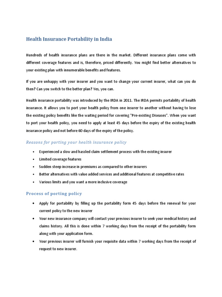 Health Insurance Portability Process in India | PDF | Insurance ...