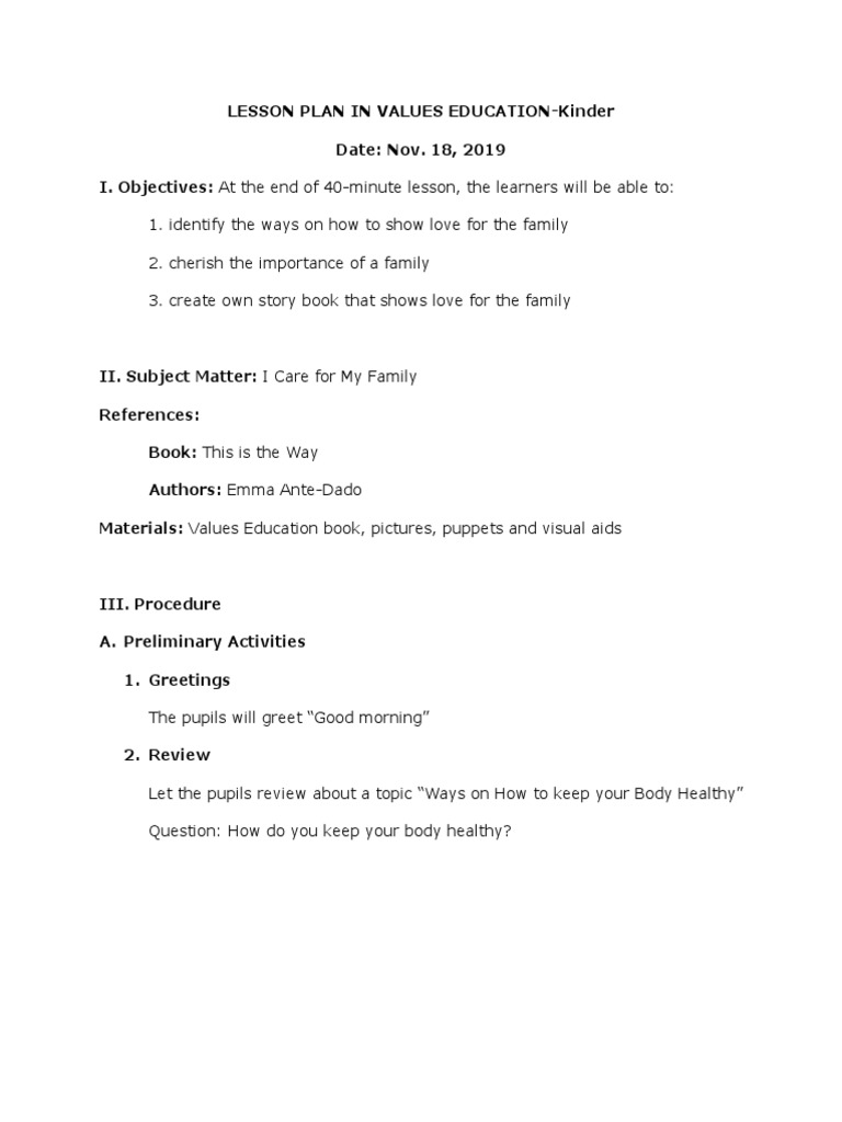 Values Education Lesson Plan for Kids | PDF