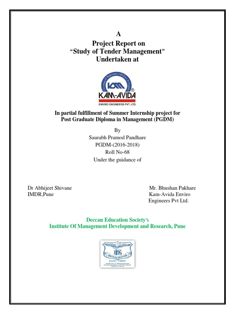 Study of Tender Management" Undertaken at Kam Avida | PDF