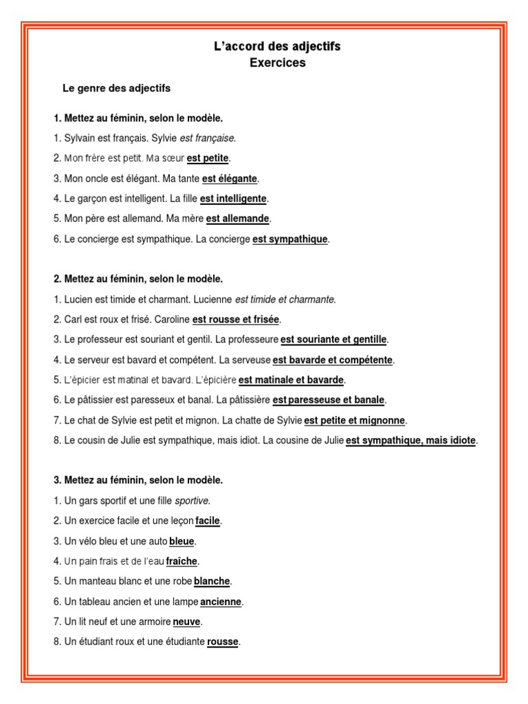 Accord des Adjectifs: Exercices Pratiques | PDF