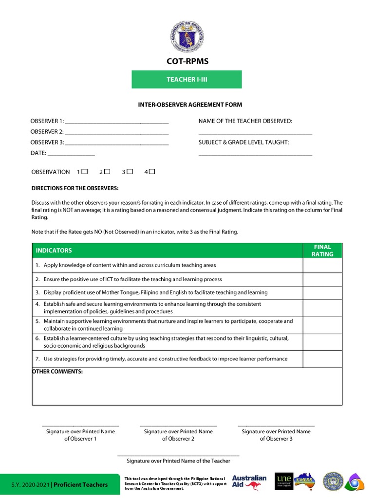 Inter-Observer Agreement Form 2023 | PDF