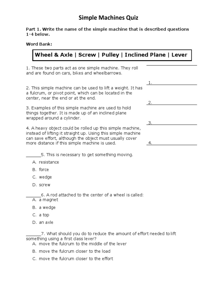 Simple Machines Quiz for Grade 5 | PDF