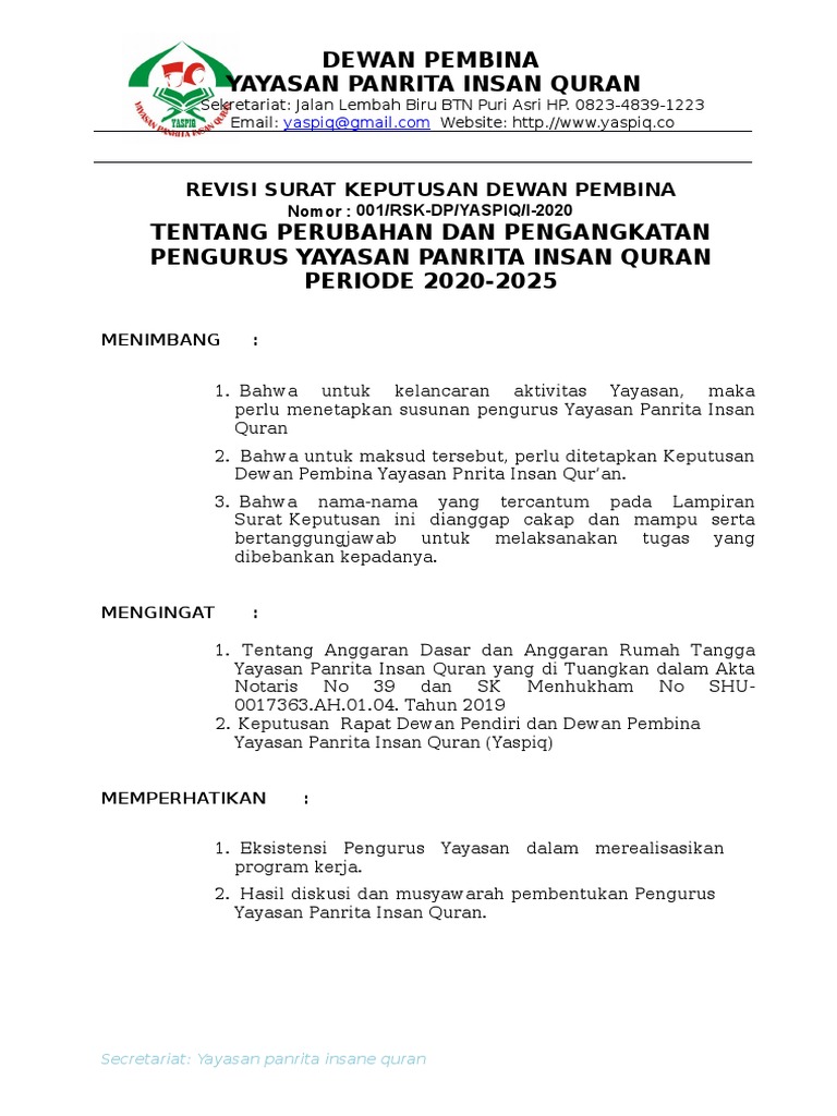 SK Revisi Pengurus Yayasan | PDF