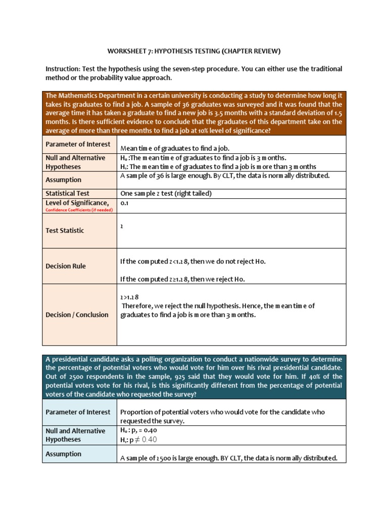 Stat and Prob Worksheet 7 | PDF