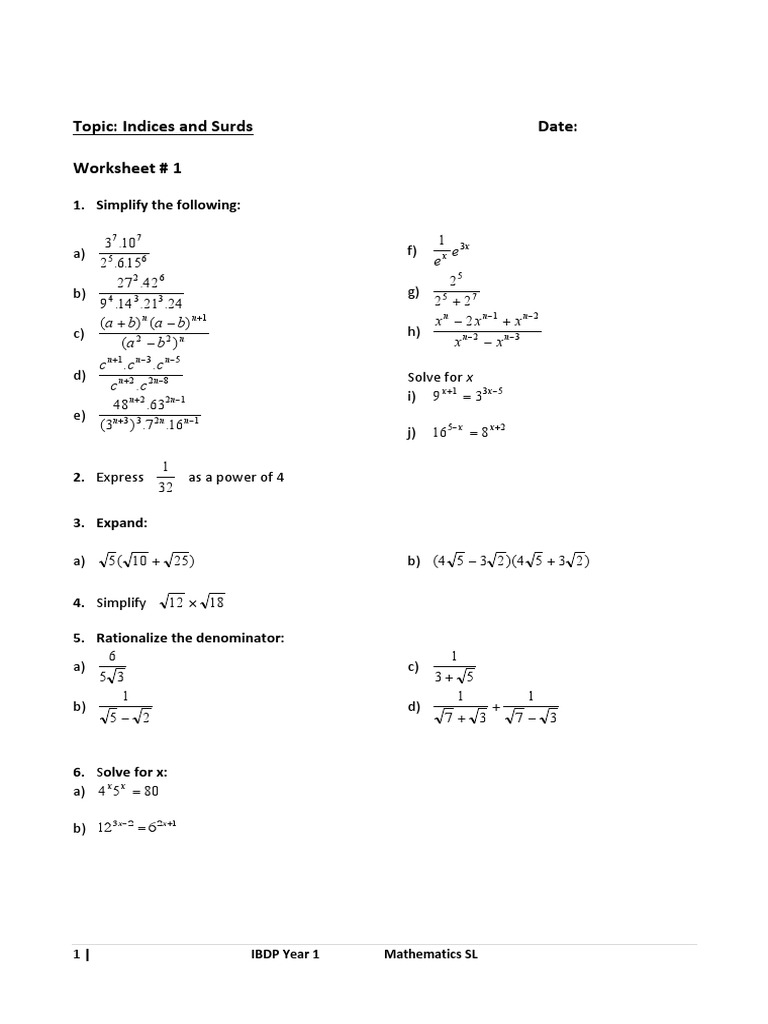 Surds & Indices - IB Math SL | PDF