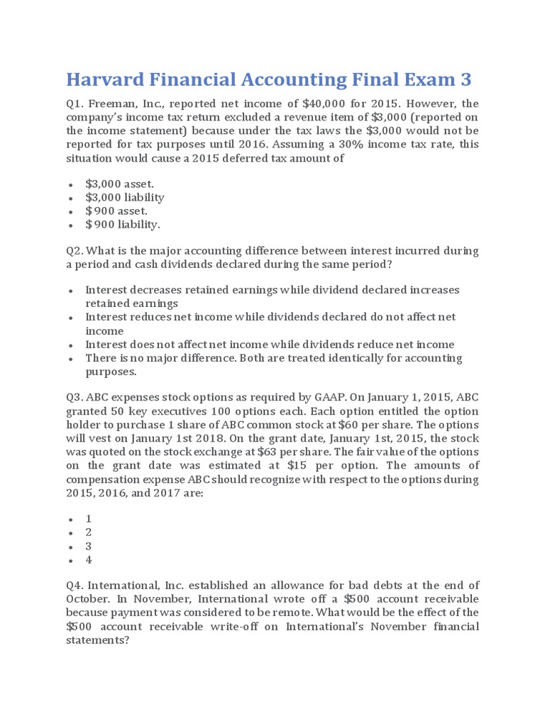Harvard Financial Accounting Final Exam 3 | PDF