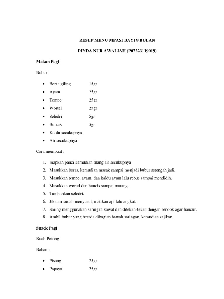 Resep Menu Mpasi Bayi 9 Bulan | PDF