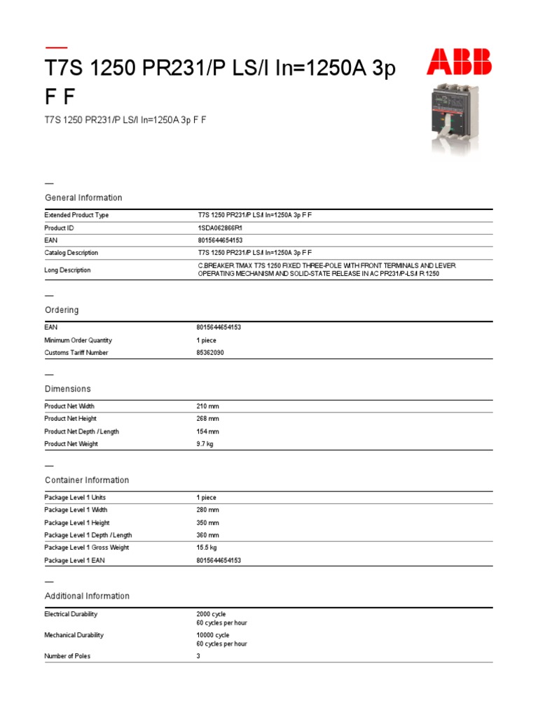 1SDA062866R1 t7s 1250 pr231 P Ls I in 1250a 3p F F | PDF
