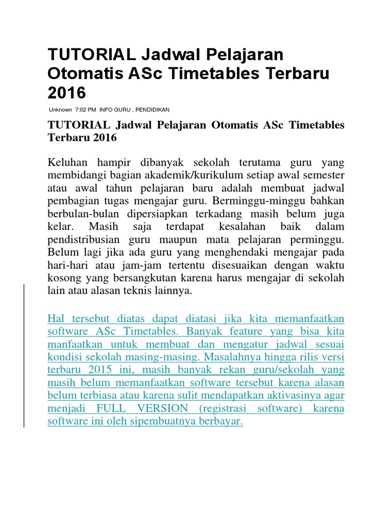 Cara Aktivasi Jadwal Pelajaran Otomatis Asc Timetables Terbaru Pdf