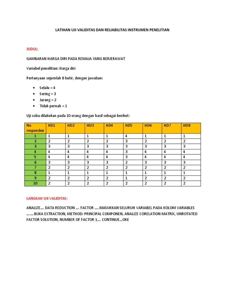 Latihan Uji Validitas Dan Reliabilitas Instrumen Penelitian | PDF
