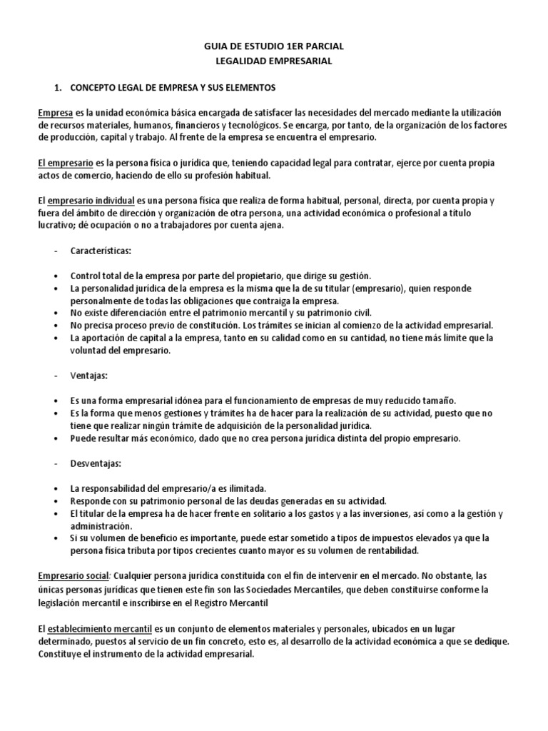 Guía de Estudio 1er Parcial Legalidad Empresarial | PDF