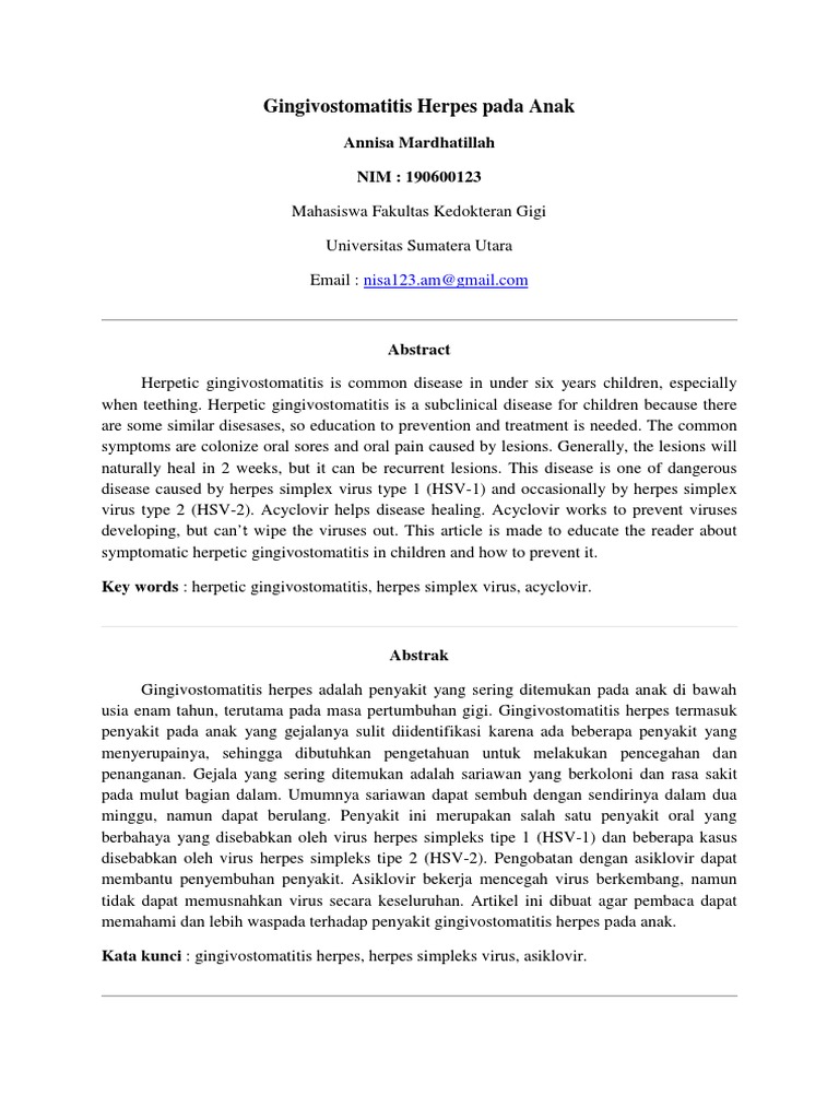 Annisa Mardhatillah - Gingivostomatitis Herpes Pada Anak (Paper) PDF | PDF | Kesehatan Holistik ...