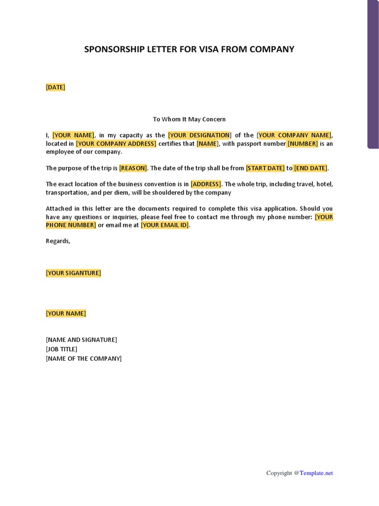 Sponsorship Letter For Visa From Company A4 | PDF