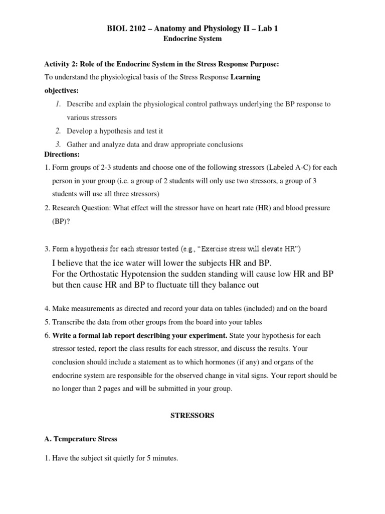 BIOL 2102 - A&PII - Endocrinology - Lab 1 - STUDENT Blood Lab Results | PDF