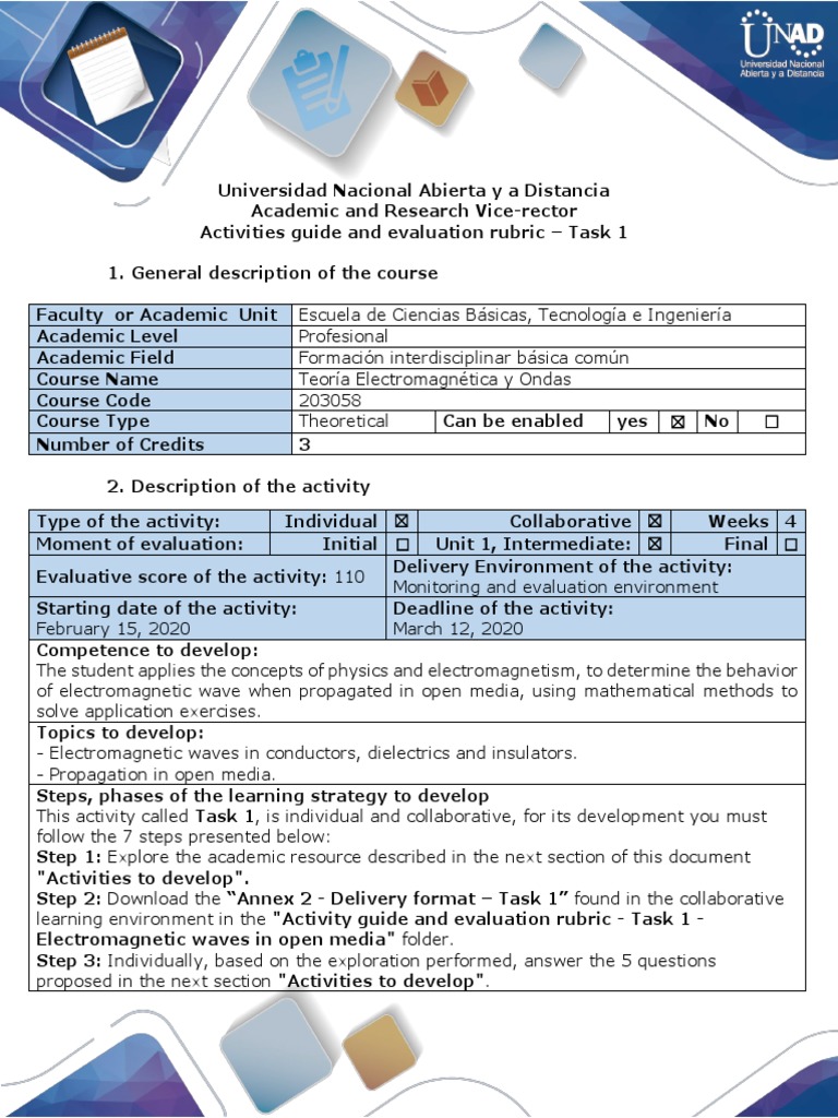 Activities Guide And Evaluation Rubric Task 1 Electromagnetic Waves In Open Media Pdf