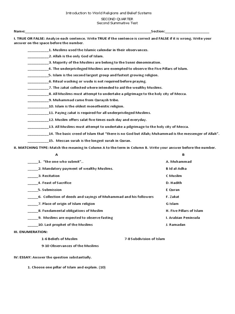Islam Test with Answer Key | PDF