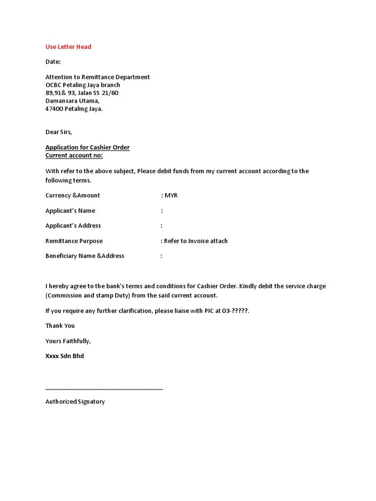 Cashier Order Instruction Letter | PDF