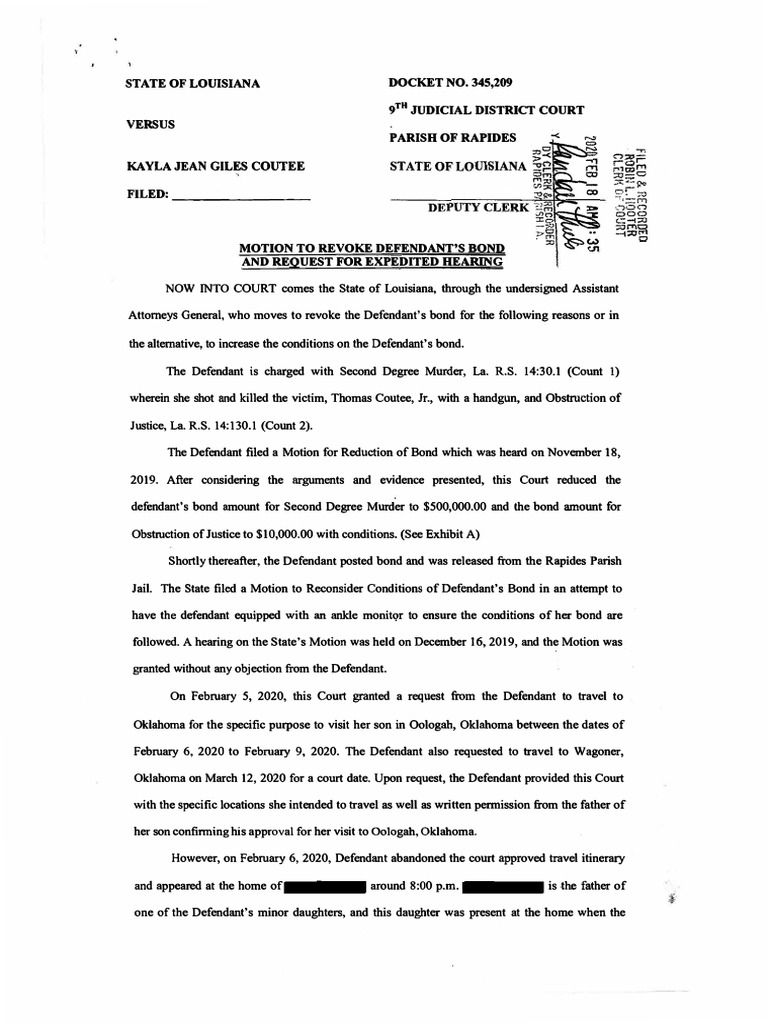 Kayla Giles Coutee Bond Revocation Motion | PDF | Law
