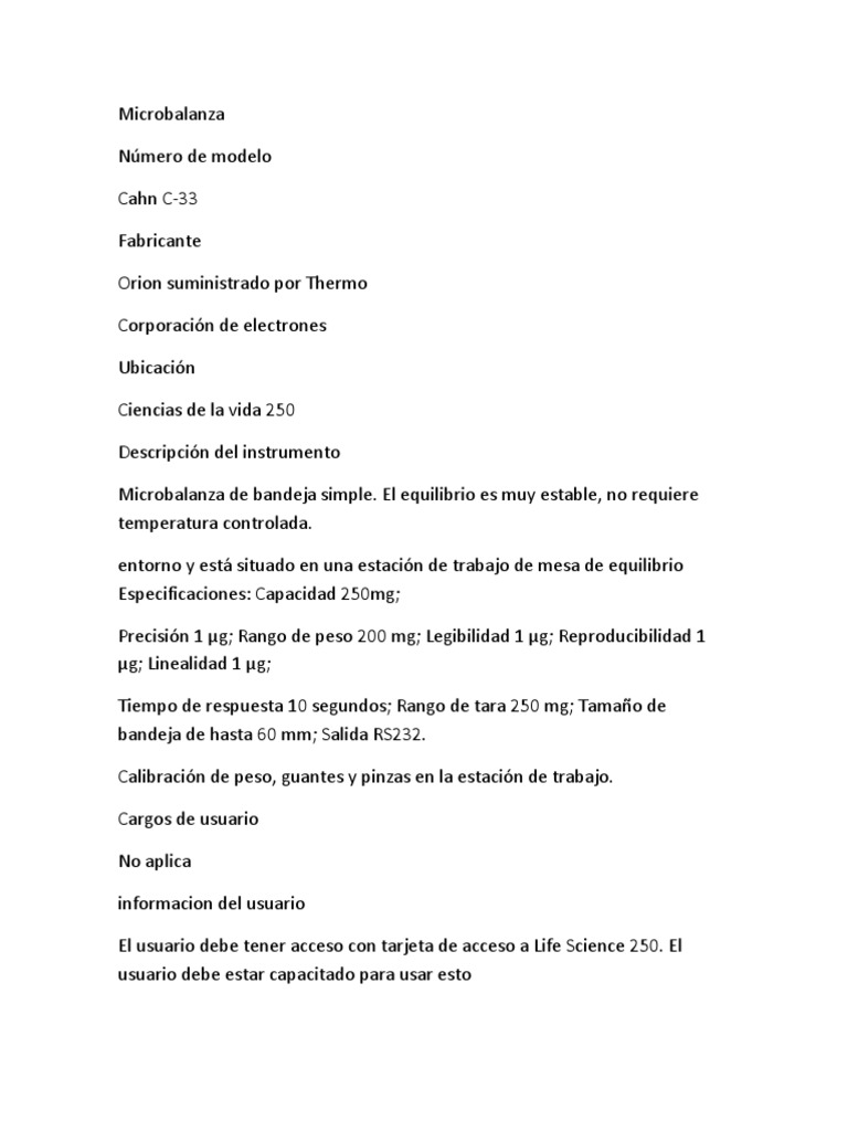 Microbalanza Orion Cahn C-33 Especificaciones | PDF