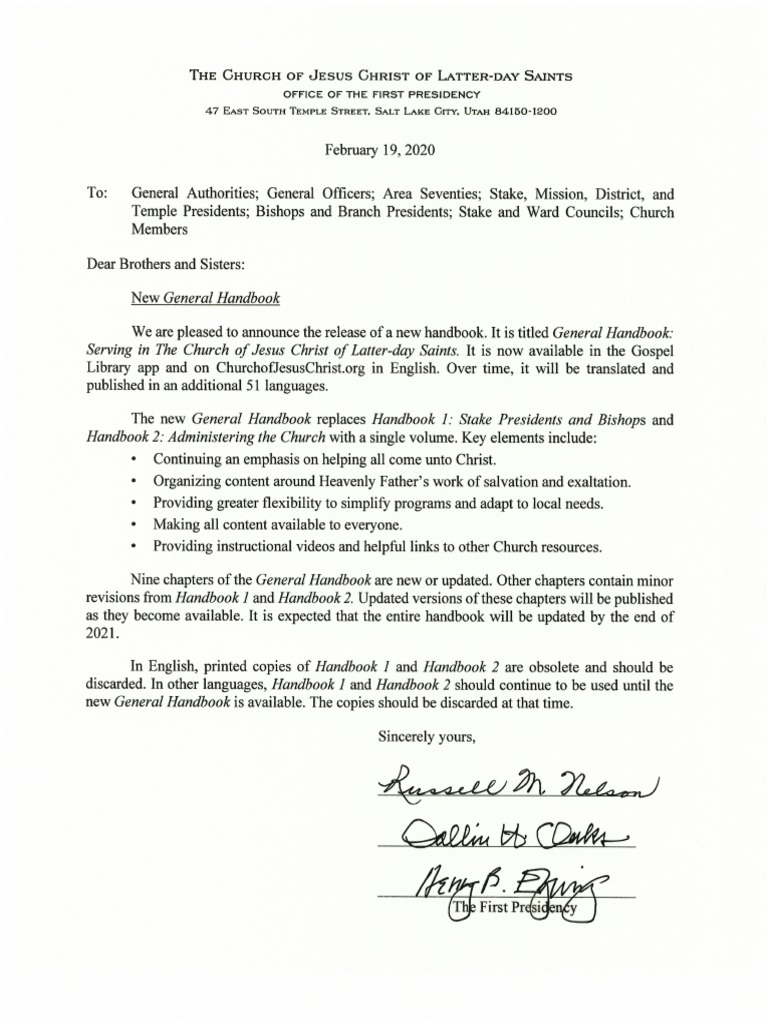 First Presidency Letter New Handbook 2020 | PDF