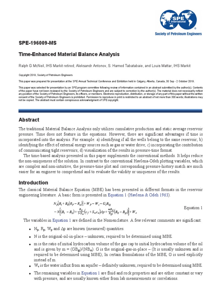 Time-Enhanced Material Balance Analysis SPE-196009-MS PDF | PDF ...