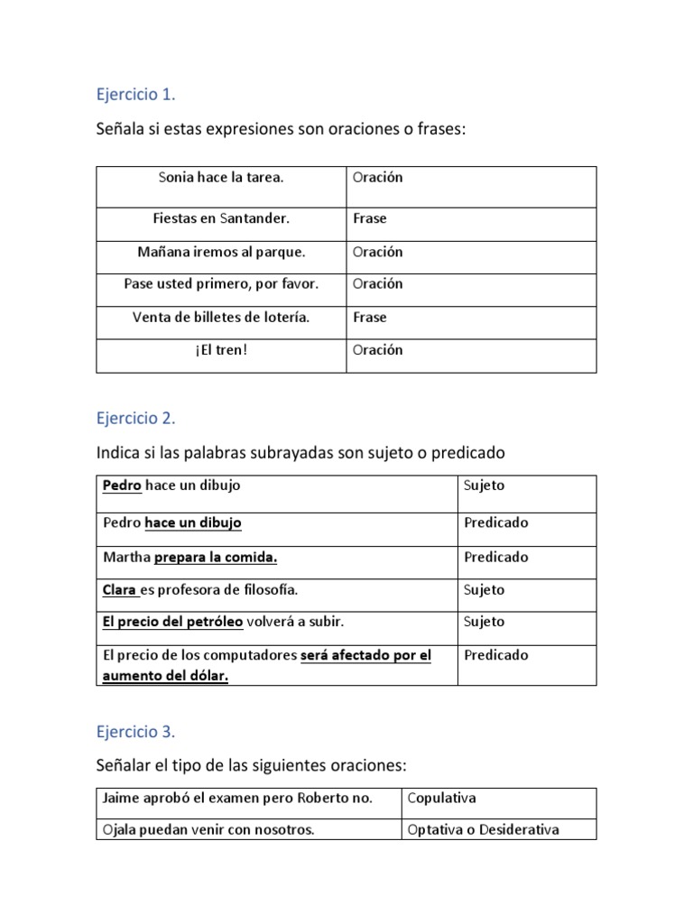 Tipos de oraciones, modalidades y ejercicios de identificación | PDF