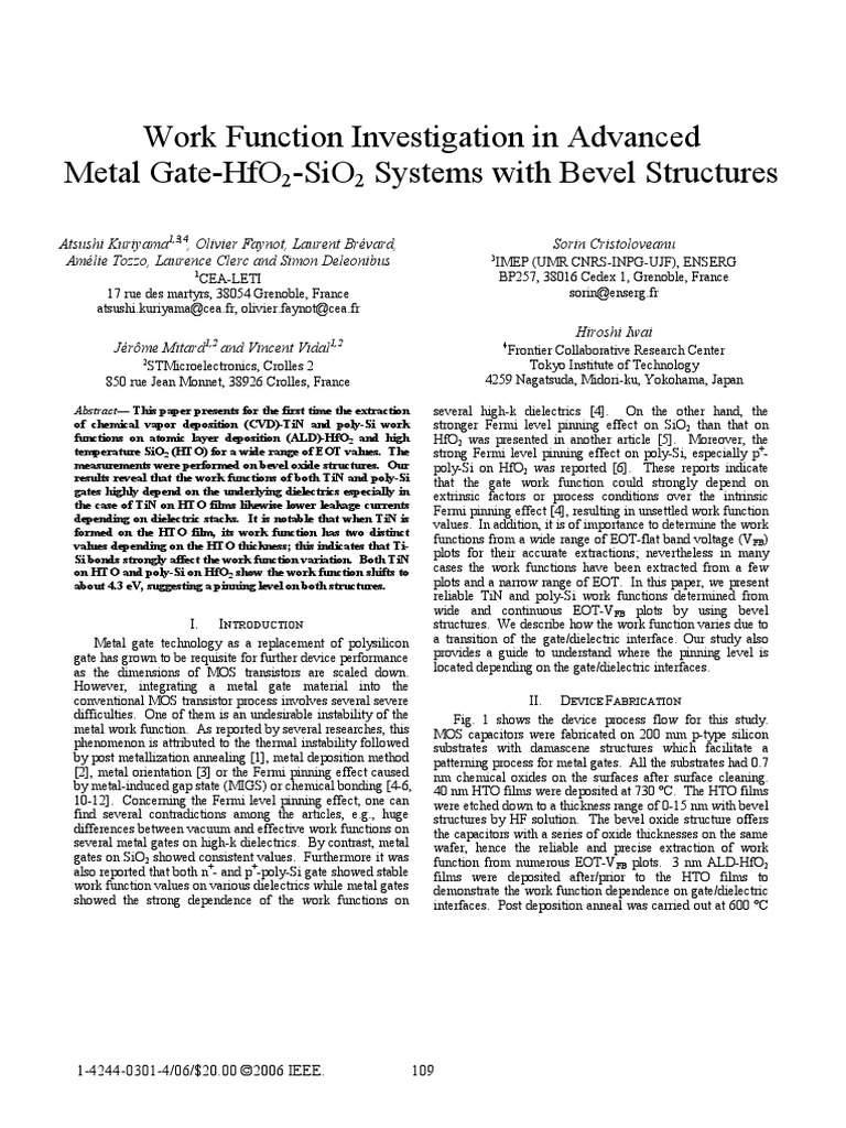 Work Function Investigation in Advanced Metal Gate Hfo2 Sio2 System PDF ...