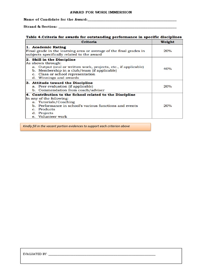 Work Immersion Award Criteria | PDF
