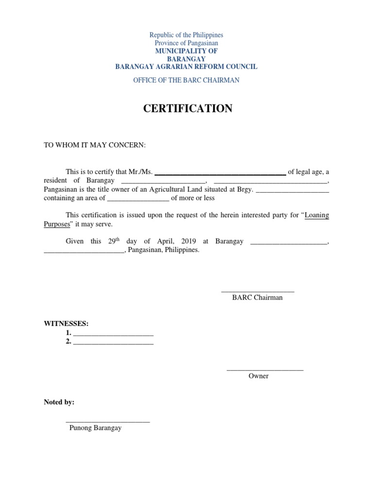 BARC Certification for Land Ownership | PDF