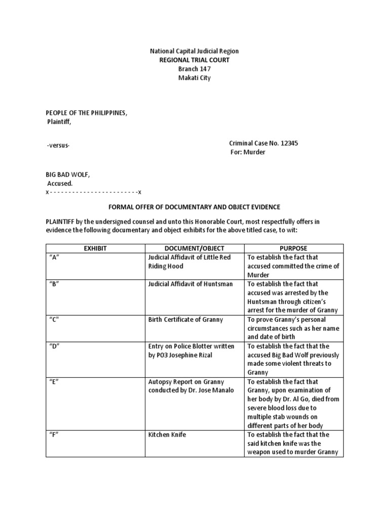 Sample Formal Offer of Evidence | PDF | Prosecutor | Common Law
