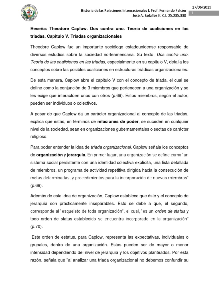 Reseña Dos Contra Uno. Teoría de Coaliciones en Las Triadas. Capitulo V ...