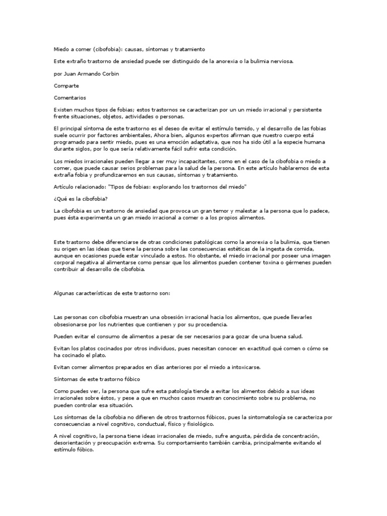Cibofobia: Causas, Síntomas y Tratamiento | PDF | Fobia | Trastorno de ...