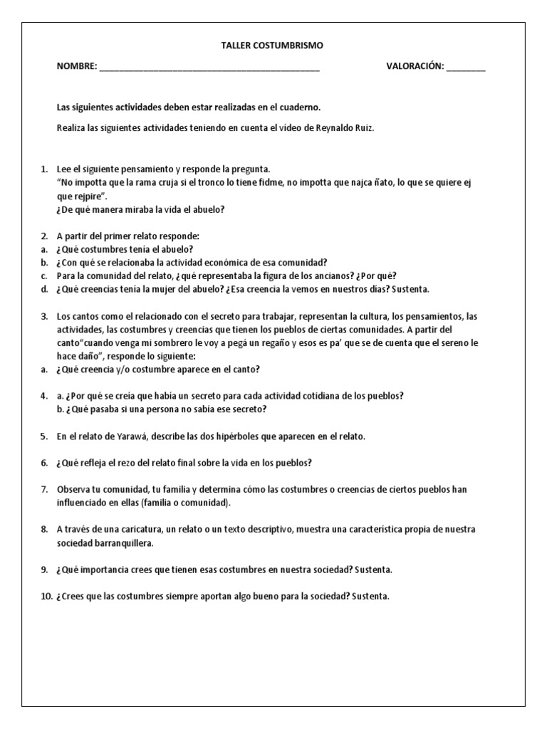 Taller Costumbrismo (Cuento Reynaldo Ruiz) | PDF | Estudios de idiomas ...