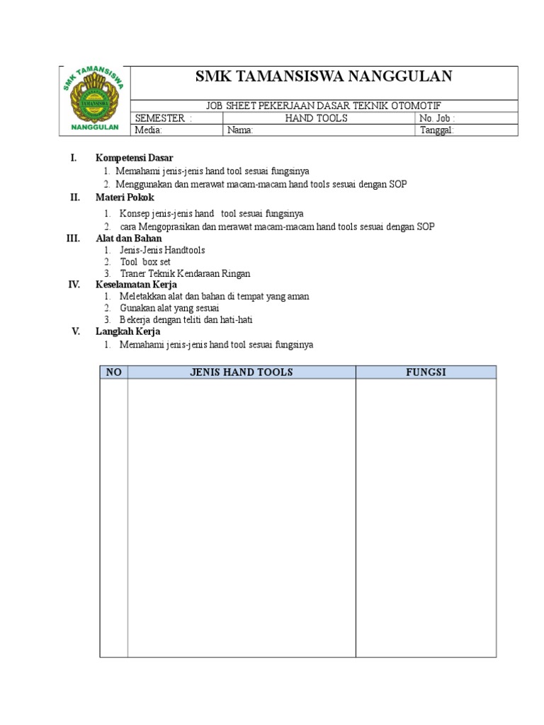 Job Sheet Hand Tools | PDF