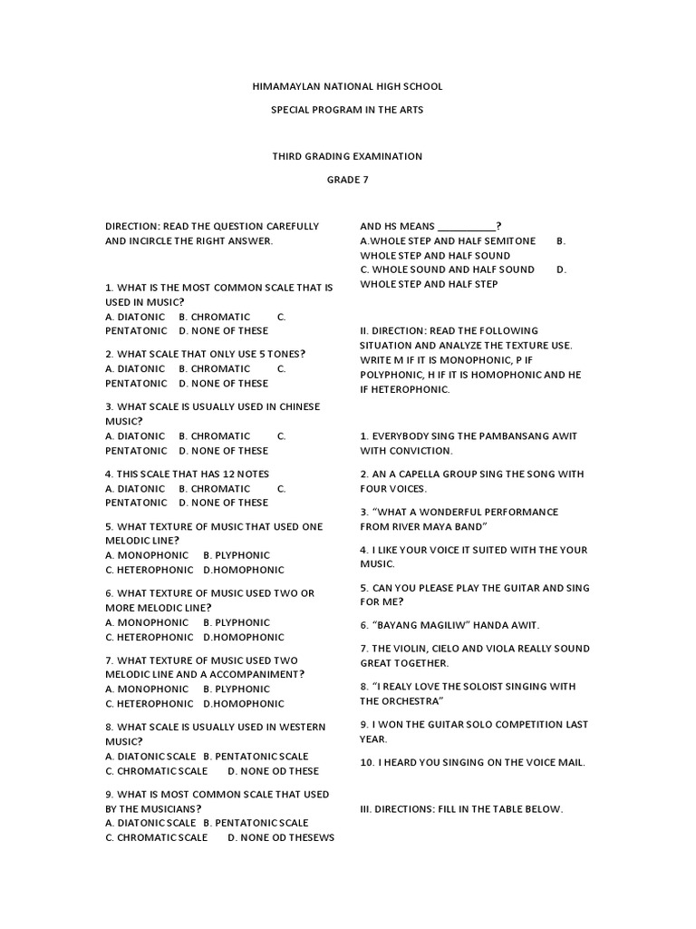 Grade 7 Second Grading | PDF | Scale (Music) | Melody