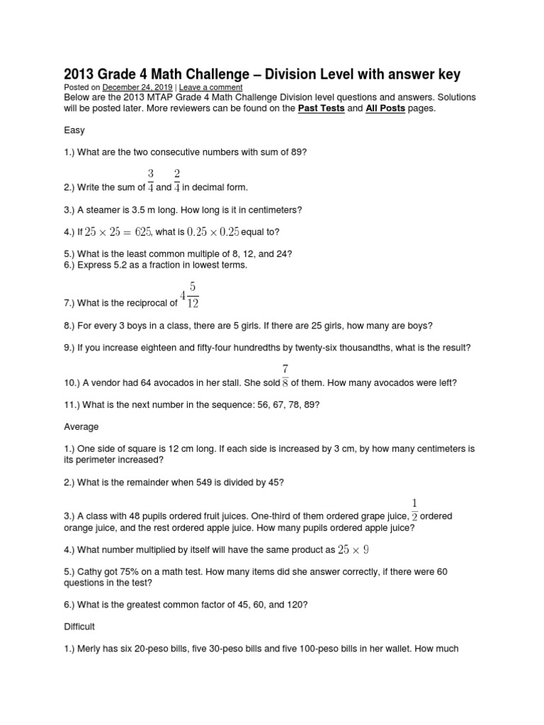 2013 Grade 4 Math Challenge | PDF | Area | Numbers