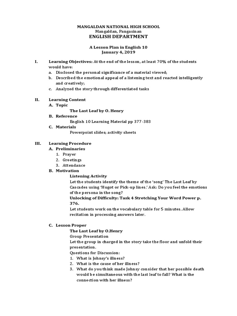 Lesson Plan for "The Last Leaf" | PDF | Lesson Plan | Teaching